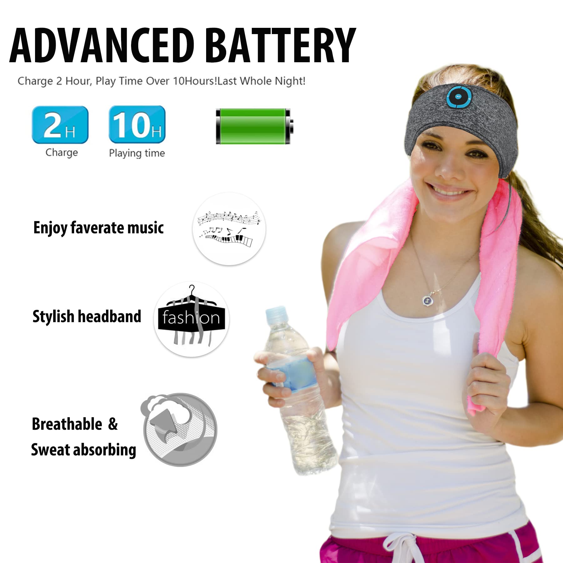 DETMOL Wireless Sleeping Bedtime Headband -Build-in Ultra Thin Plat Speakers with HD Stereo Friendly for Side Sleeper,Running, Jogging,Workout,Gift for Men,Women (Medium)