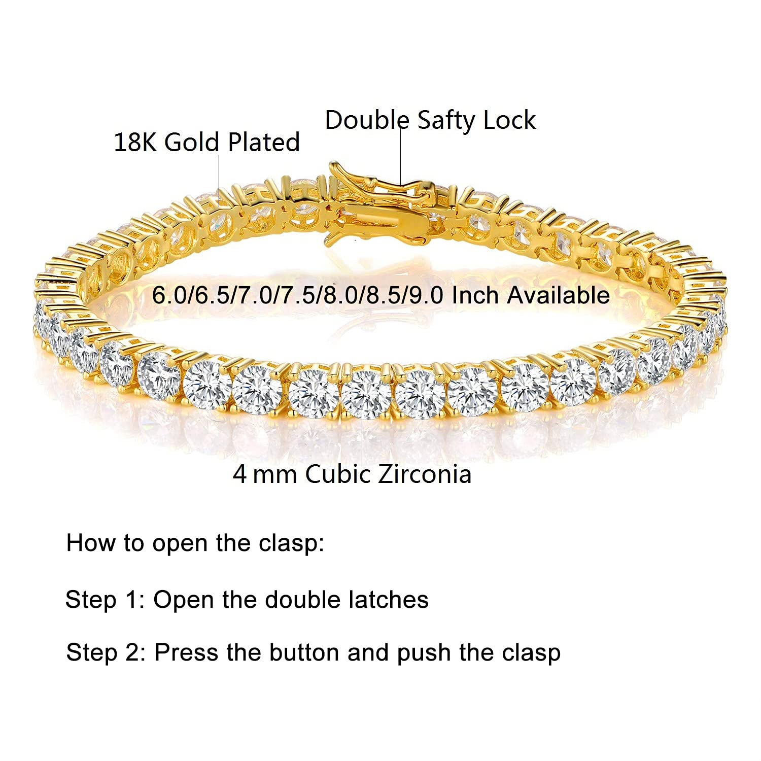 Gemsme 18K Yellow Gold Plated 4.0mm Cubic Zirconia Classic Tennis Bracelet 7.0 Inch