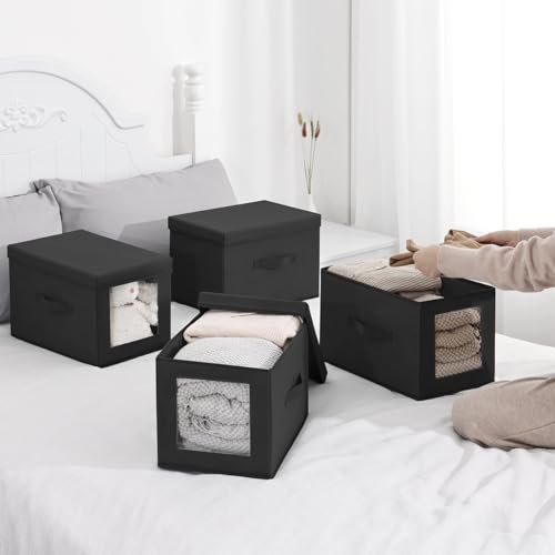 DIMJ Closet Storage Bins With Lids, Fabric Storage Boxes With Lids, Foldable Storage Cubes With Window, Decorative Fabric Storage Bins for Clothes Towel Books,4 Pack Black