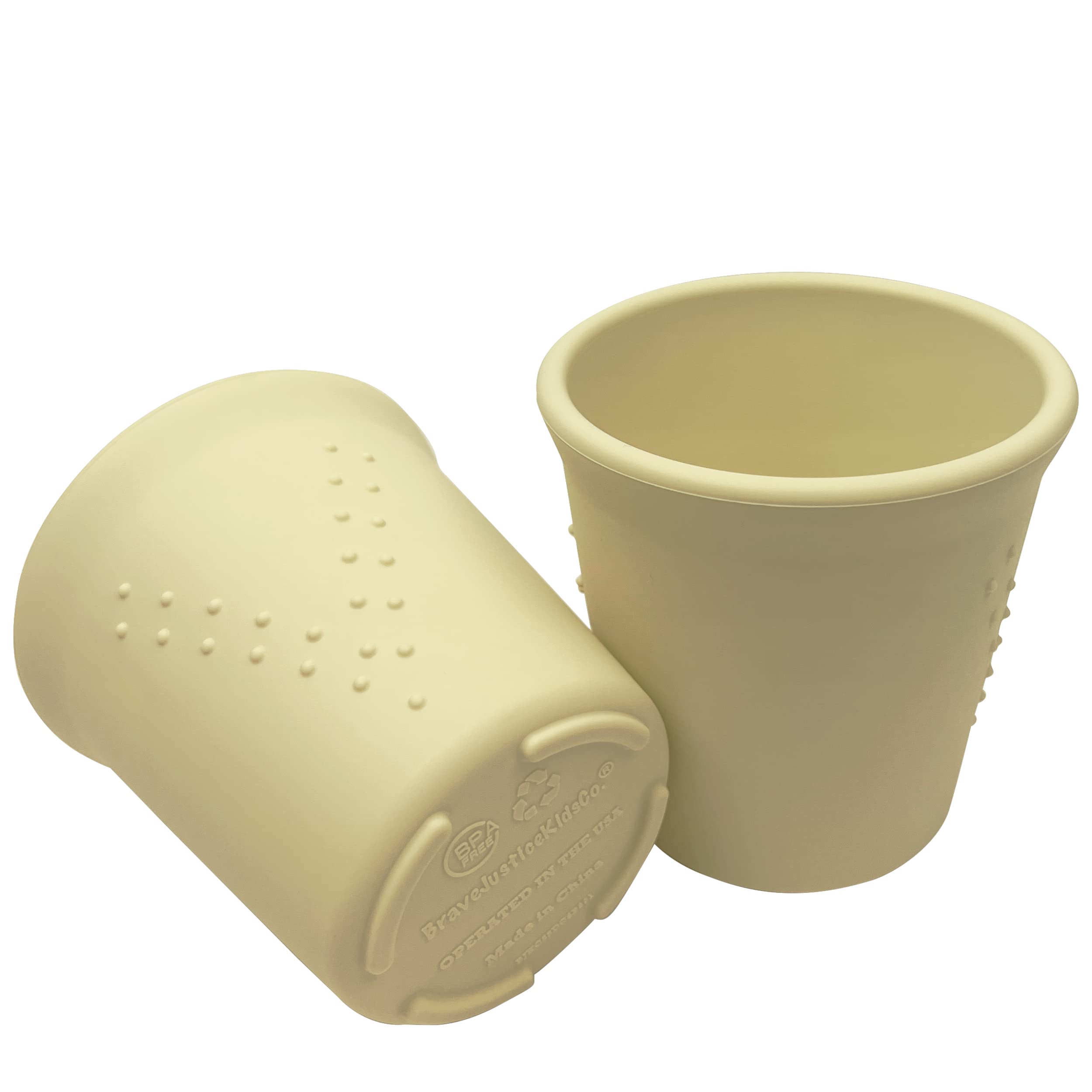 BraveJusticeKidsCo. | SiliSteel™ Drinking Cups | Kids and Toddler Silicone + Steel Dinnerware Cups | Unbreakable Dinnerware | Reusable Dishwasher Safe Water Glasses (2 Pack) (Cream)