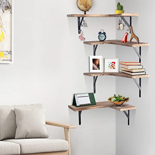 Corner Floating Shelves, Wood Wall Display Storage Shelves Set of 4, Rustic Wood Wall Shelves, Corner Shelf Wall Mount, Decorate for Living Room, Bathroom, Bedroom, Kitchen, Office