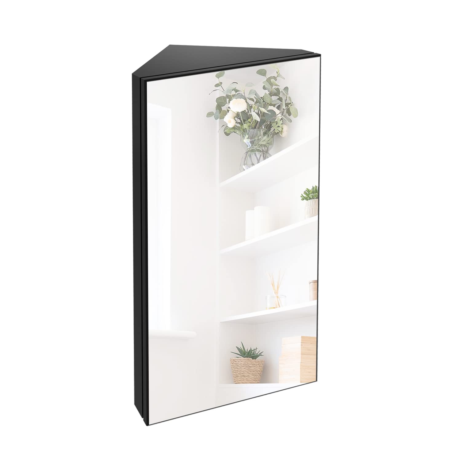 eclife 24" Bathroom Corner Medicine Cabinet W/Mirror, Single Door Bathroom Black Wall Mount Mirror Cabinet, Hanging Triple Shelf Storage Cabinet Opens Left to Right