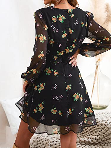 CUPSHE Women's Mini Dress Floral Print Chiffon Flowy Dresses Long Sleeve Dress for Women