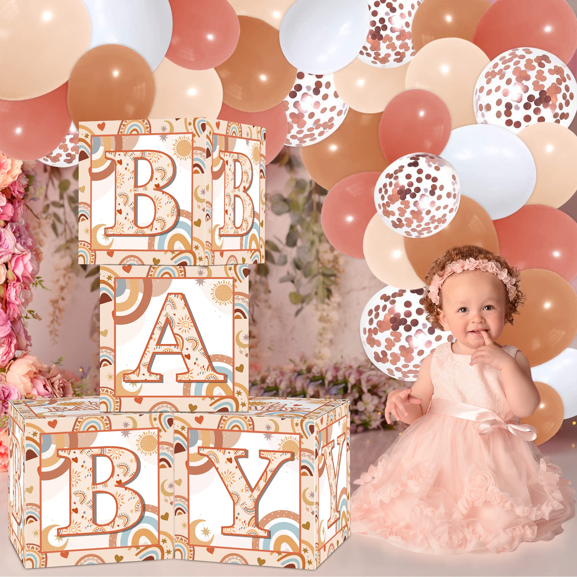 Boho Rainbow Baby Shower Balloons Boxes Party Decorations 4pcs Blocks Baby Shower Decoration for Baby Girl Birthday Party Backdrop Boho Rainbow Party Decorations