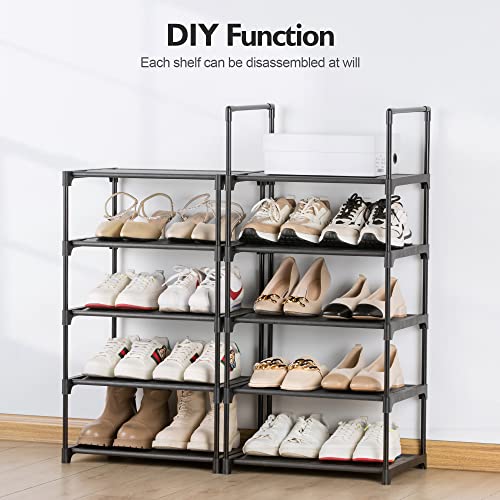 HODYANN 10 Tiers Shoe Rack, 20 Pairs Narrow Shoe Rack Organizer, Space Saving Non-Woven Fabric Metal Shoe Shelf, Stackable Large Shoe Rack for Closet (Black with Hook)