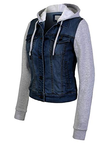Design by Olivia Women's Classic Casual Hooded Denim Jacket Dark Denim 2XL