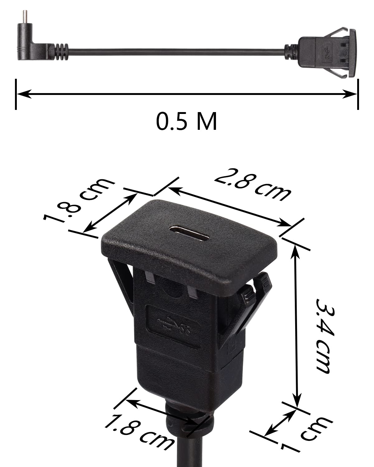 CERRXIAN 0.5m Up Angle USB C 3.1 Male to Female Square Flush Mount Panel Cable for Car, Boat, Motorcycle, Truck Dashboard(U-C3.1)