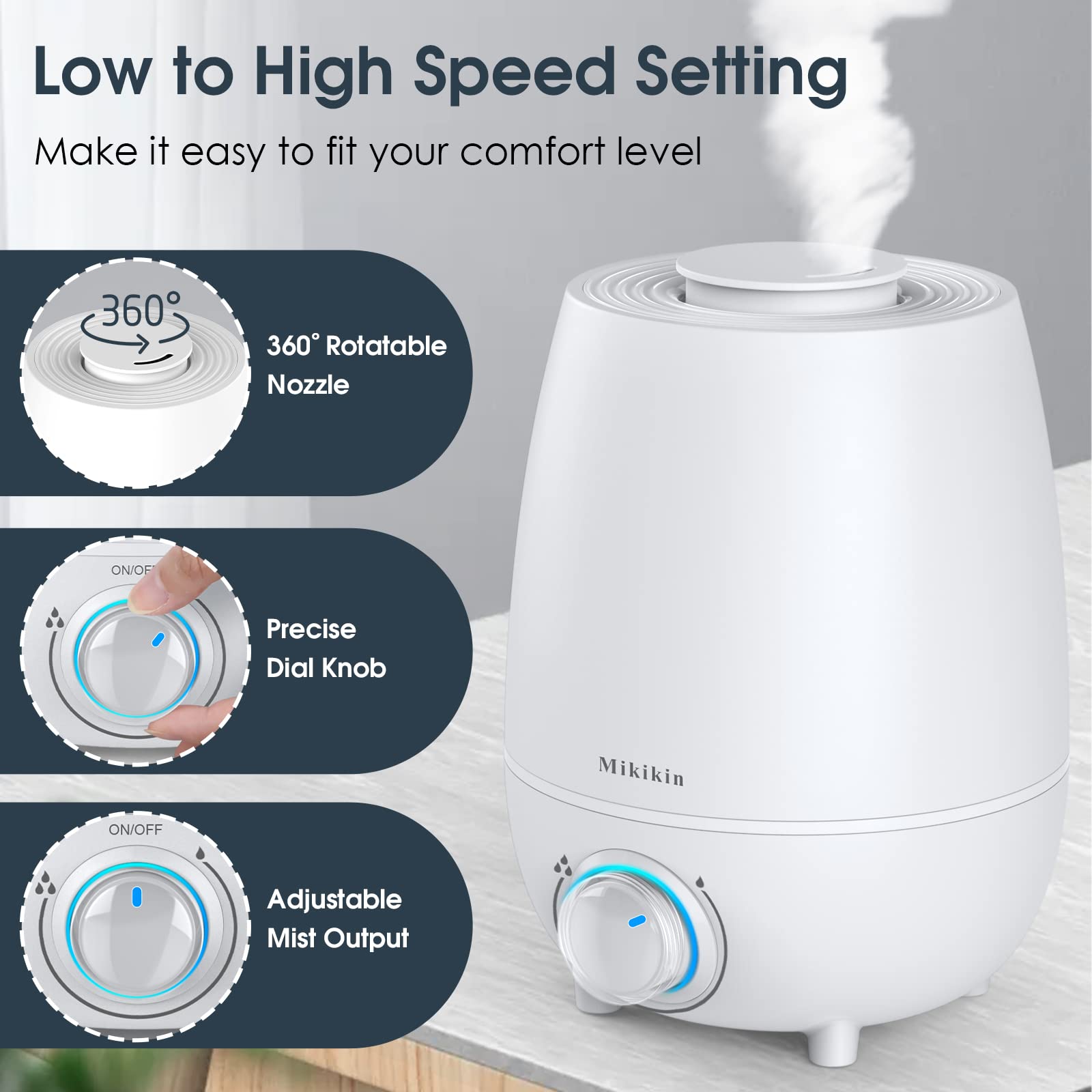 Mikikin Cool Mist Humidifiers, Ultrasonic Air Humidifier for Bedroom, Baby, Nursery, Home, Quiet, 3L Top Fill Humidifier with 360° Rotatable Nozzle, Essential Oils Tray, Auto Shut-Off, Easy to Clean