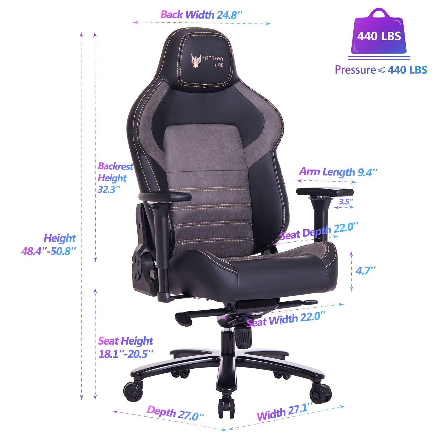 Big and Tall Gaming Chair 440lb Metal Base Memory Foam Lumbar Seat Cushion 4D Adjustable Arms Swivels & Reclines Ergonomic High-Back Racing Computer Gaming Chair