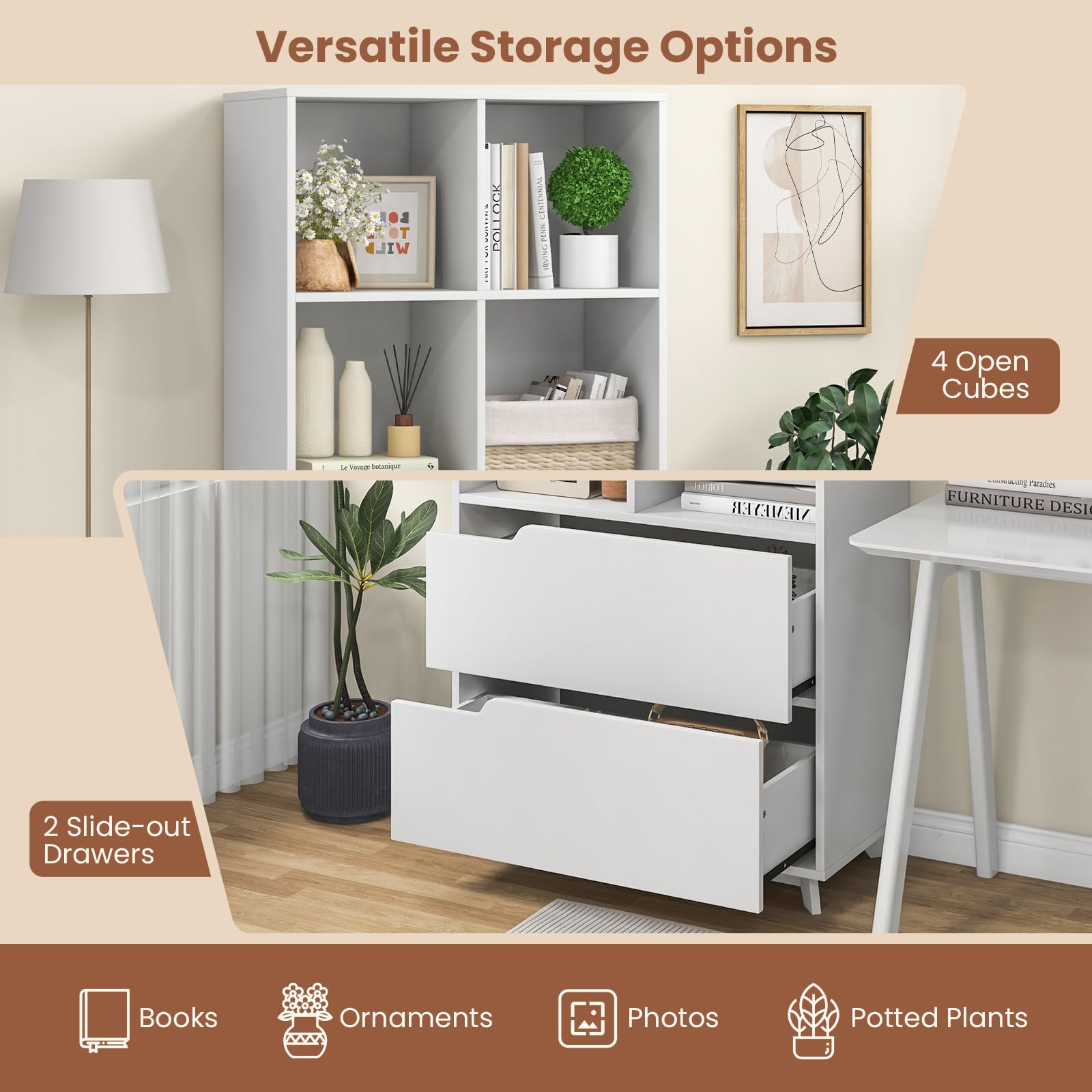 Giantex 51" Tall Bookcase with 2 Drawers, 4-Tier Open Bookshelf with 4 Storage Cubes, Modern Display Shelf with Anti-Toppling Devices, Freestanding Wooden Storage Shelf for Home Office, White