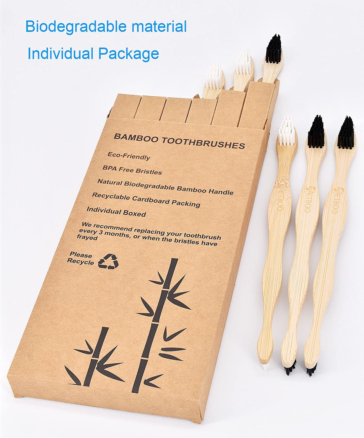 ECOETBOO Dog Toothbrush 6 Pack, Pet Cat Bamboo Toothbrushes, Double-Sided Small and Large Head Toothbrush for Dogs Cats, Biodegradable Eco-Friendly Dog Tooth Brushing Kit