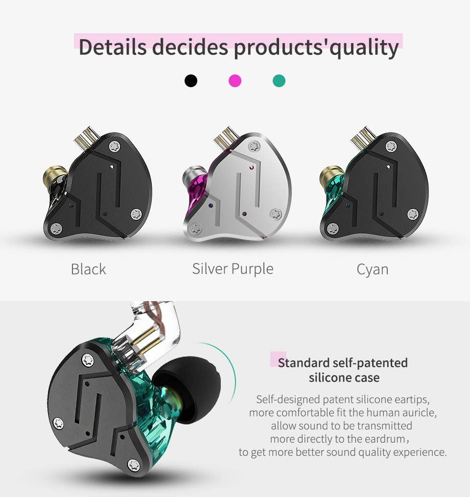 KZ ZSN Dynamic Hybrid Dual Driver in Ear Earphones Detachable Tangle-Free Cable Musicians in-Ear Earbuds Headphones with Microphone (Black Cyan)