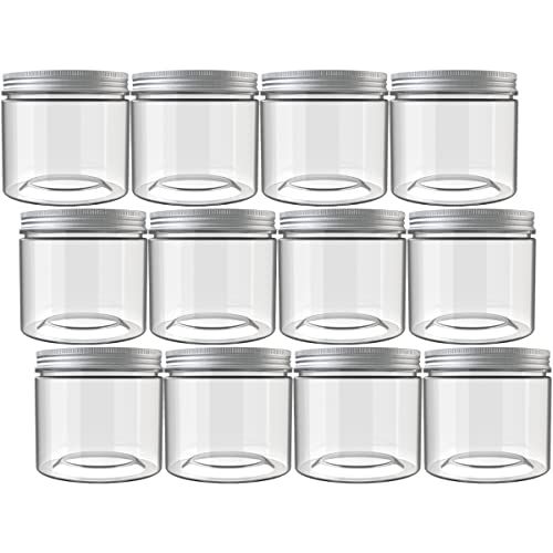 HoleviFO 14oz (420ml 12 Pack) Empty Clear Wide Mouth Plastic Jars with Silver Screw Lids and Labels - Round PET Containers for Food Storage and Dry Goods,Craft and More - BPA Free