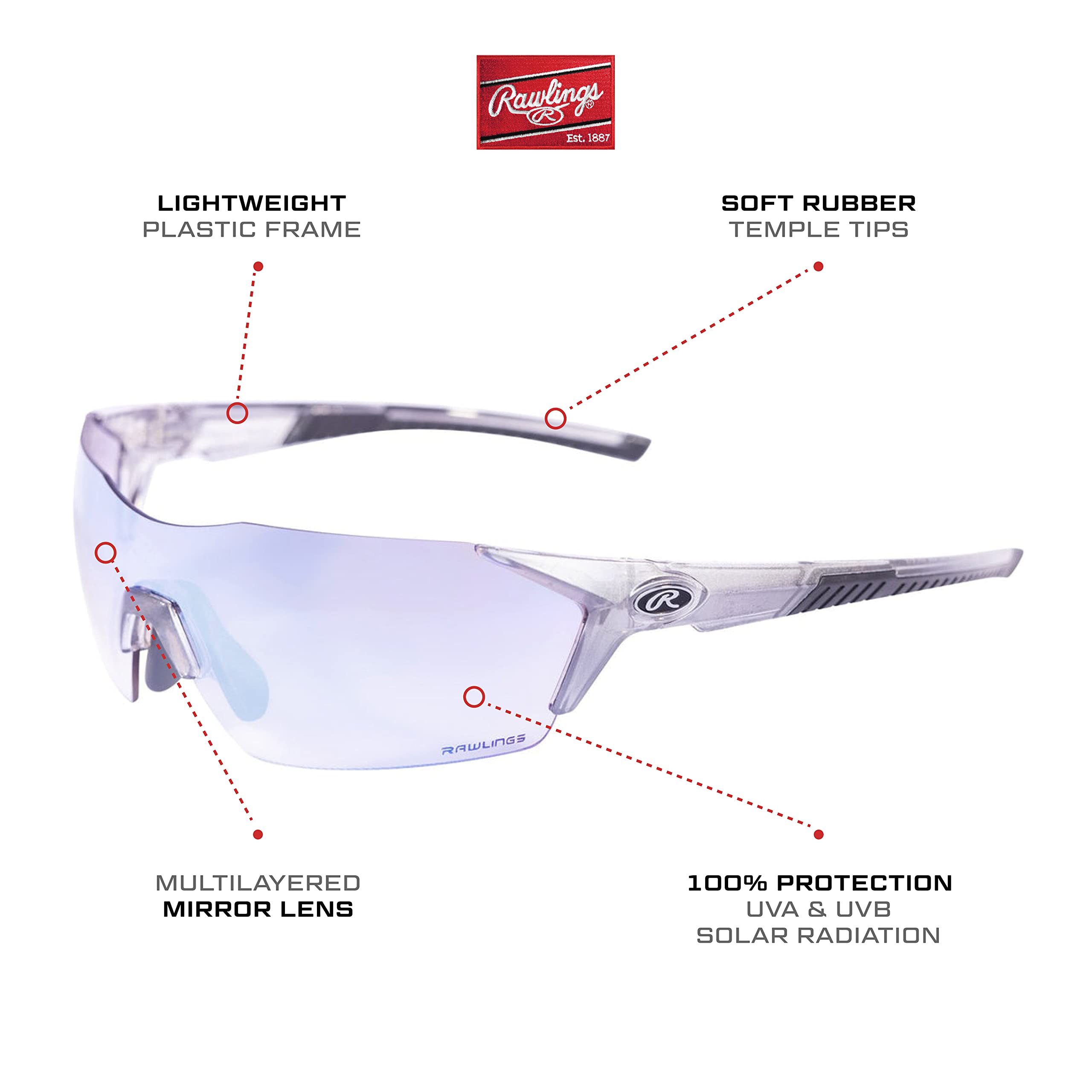 Rawlings Baseball Sunglasses or Softball Sunglasses - Ages 10 to Adult - Unisex Fit - Cycling Sunglasses - White Blue Mirror