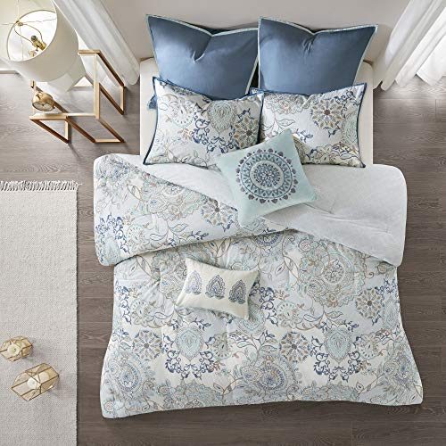 Madison Park Season Set, Matching Bed Skirt, Decorative-Pillows, Queen(90"x90"), Isla, Floral Medallion Blue 8 Piece
