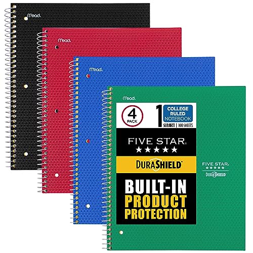 Five Star DuraShield Notebooks with Antimicrobial Front Covers, 4 Pack, 1 Subject, College Ruled Paper, 11" x 8-1/2", 100 Sheets, Black, Red, Blue, Green (820029-ECM)