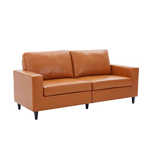 Cotoala PU Leather Sofa, Modern Upholstered 3 Seat Sectional Couch Furniture for Living Room, Home, Solid Frame and Wood Legs-Brown