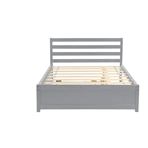 Full Size Bed with Trundle , Solid Wood Full Platform Bed with Pull Out Trundle Bed for Kids Girls Boys ,No Box Spring Needed