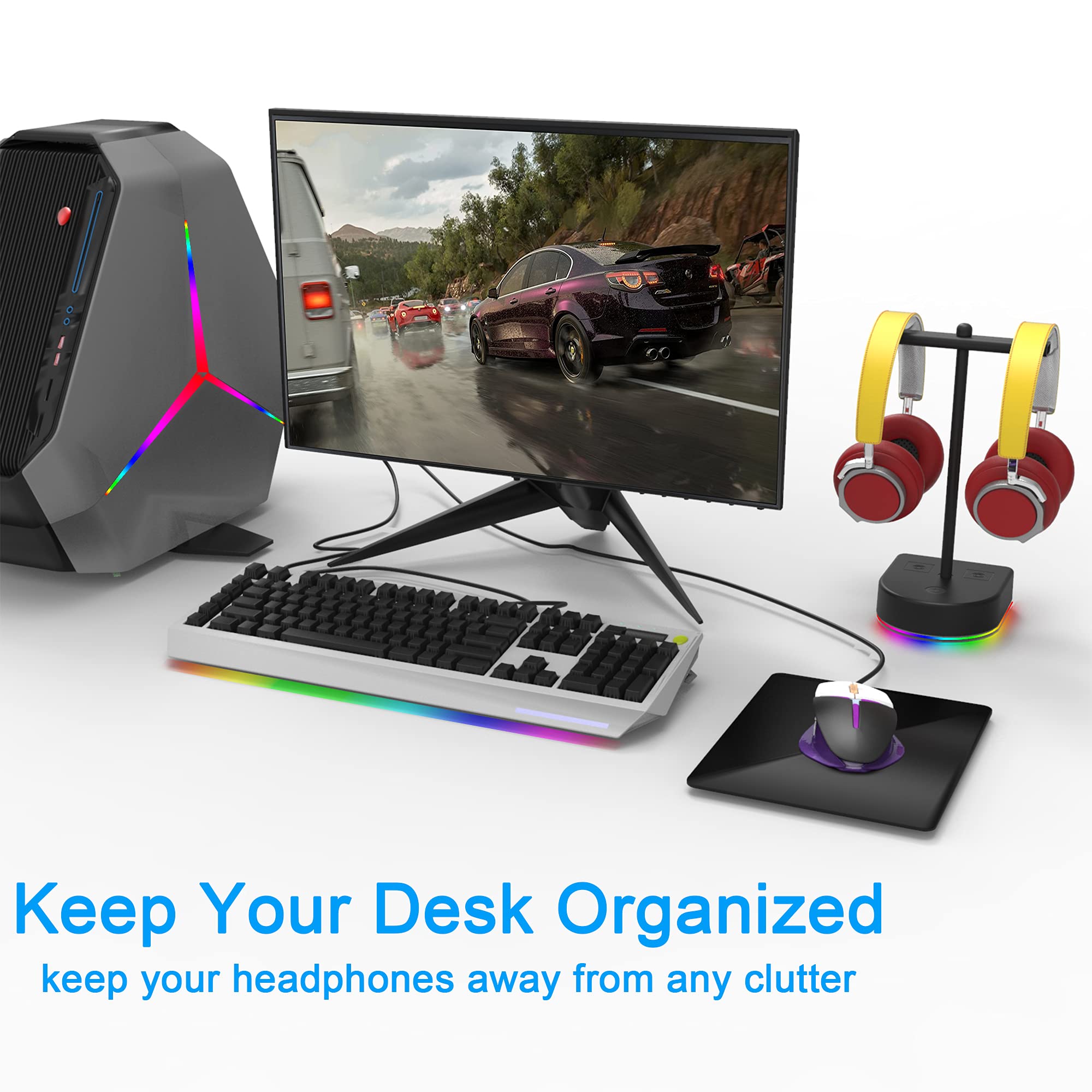 BGMUTCX RGB Dual Headphone Stand with USB Charging Port, Desk Gaming Double Headset Holder,Durable Hanger Rack-Suitable for Desktop Table, Game, DJ, Earphone, PC, PS4, PS5, Xbox Gamer Accessories