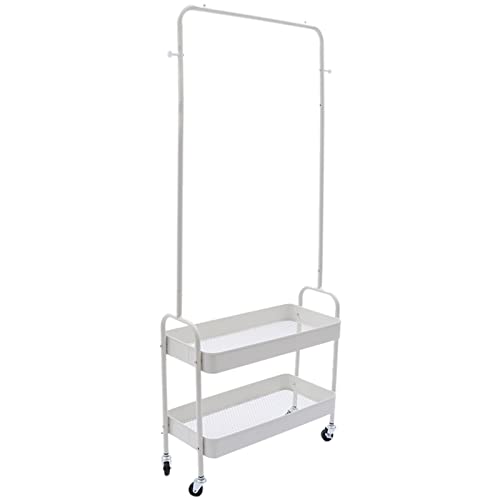 Free-Standing Rolling Garment Rack with 2 Tier Metal Basket, Rolling Storage Cart Clothes Hanging Organizer Coat Rack Storage Stand for Bedroom Laundry Small Place 26.4 x 11.8 x 62.6in