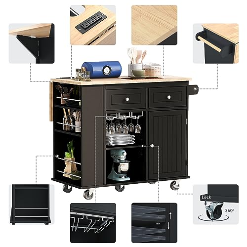 Gustonhon Kitchen Island with Drop Leaf,Dining Table Trolley with Power Outlet and Rubber Wood,Open Storage and Wine Rack,5 Wheels,with Adjustable Storage for Home, Kitchen, and Dining Room (Black)