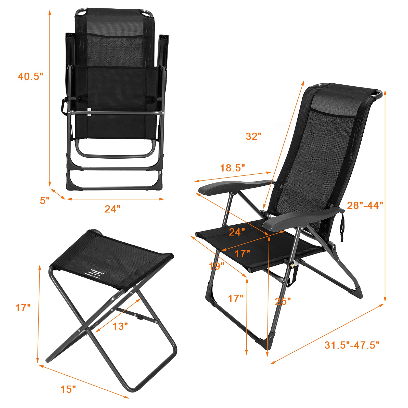 Giantex 4 Pcs Folding Patio Chairs Set 2 Pack Patio Dining Chairs with Footrest Portable Sling Chairs Camping Lawn Chairs with Adjustable Back Outdoor Bistro Chairs for Porch Garden Yard Pool