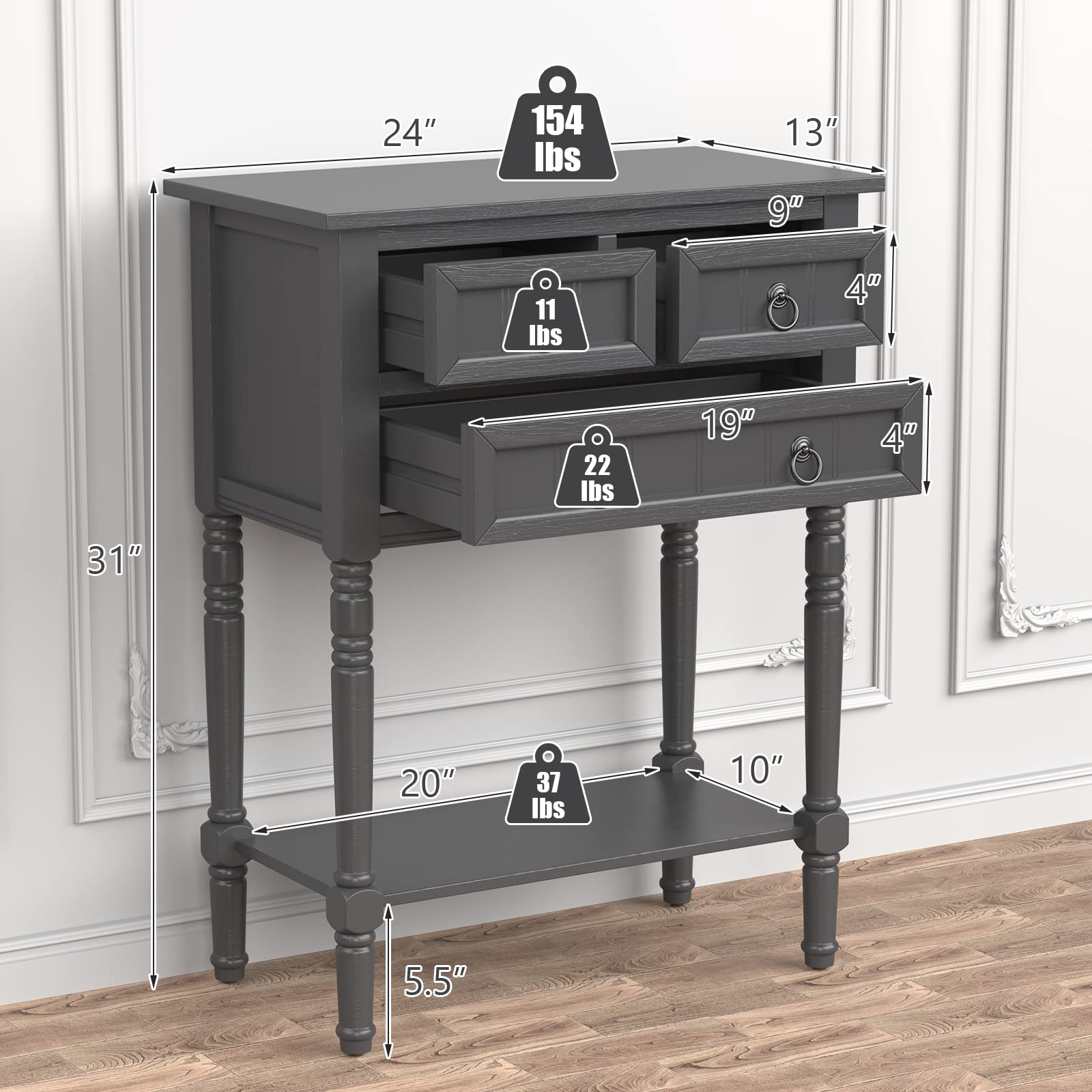Giantex Entryway Table with Storage, Rustic Small Console Table w/ 3 Drawers & Open Bottom Shelf, Skinny Wood Console Table, Narrow Sofa Side Table for Living Room, Foyer, Hallway, Entry Table, Beige