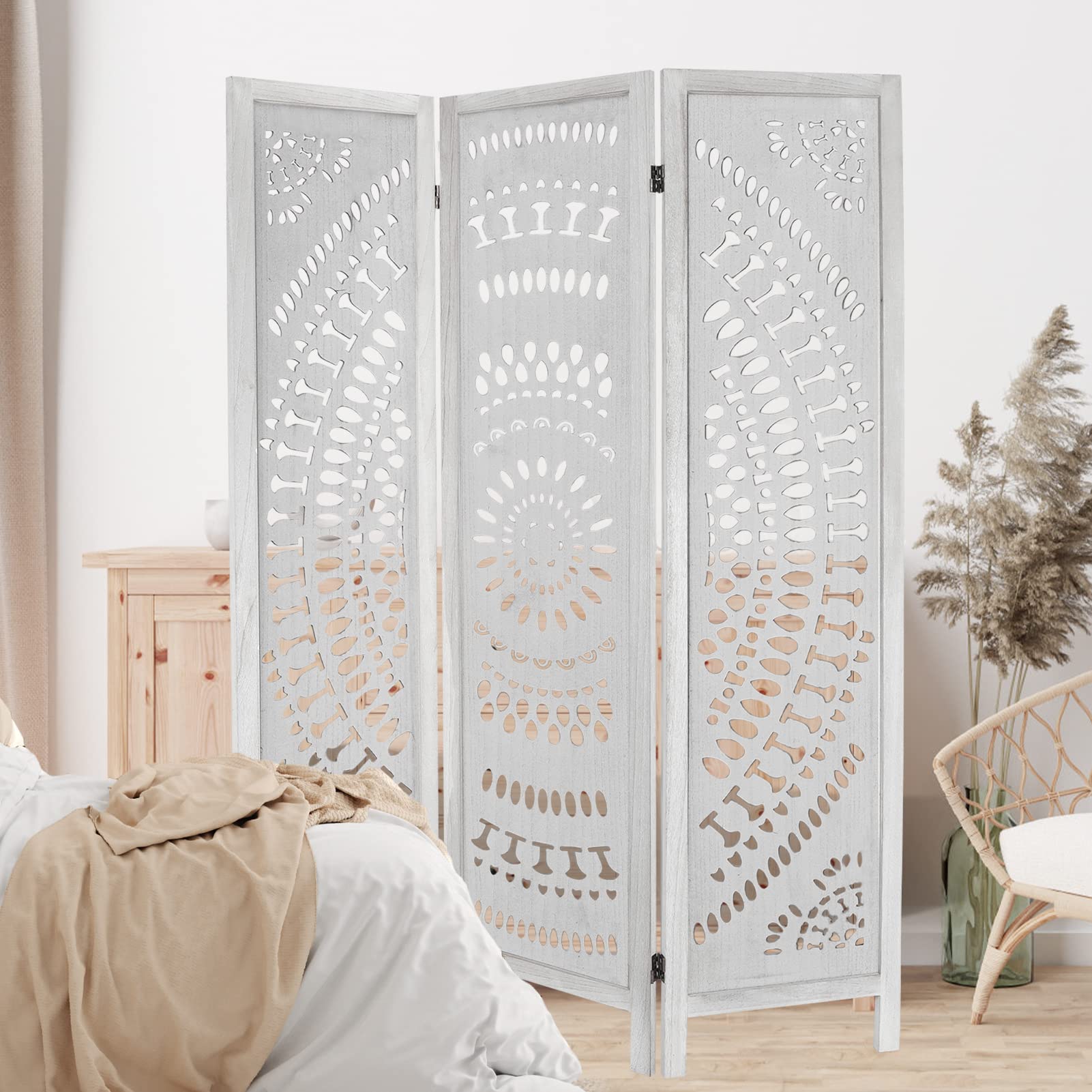 ECOMEX Carved Room Dividers,4 Panel Room Divider with Hand Carved Vintage Style Room Dividers and Folding Privacy Screens,Retro Flower Pattern, Brown