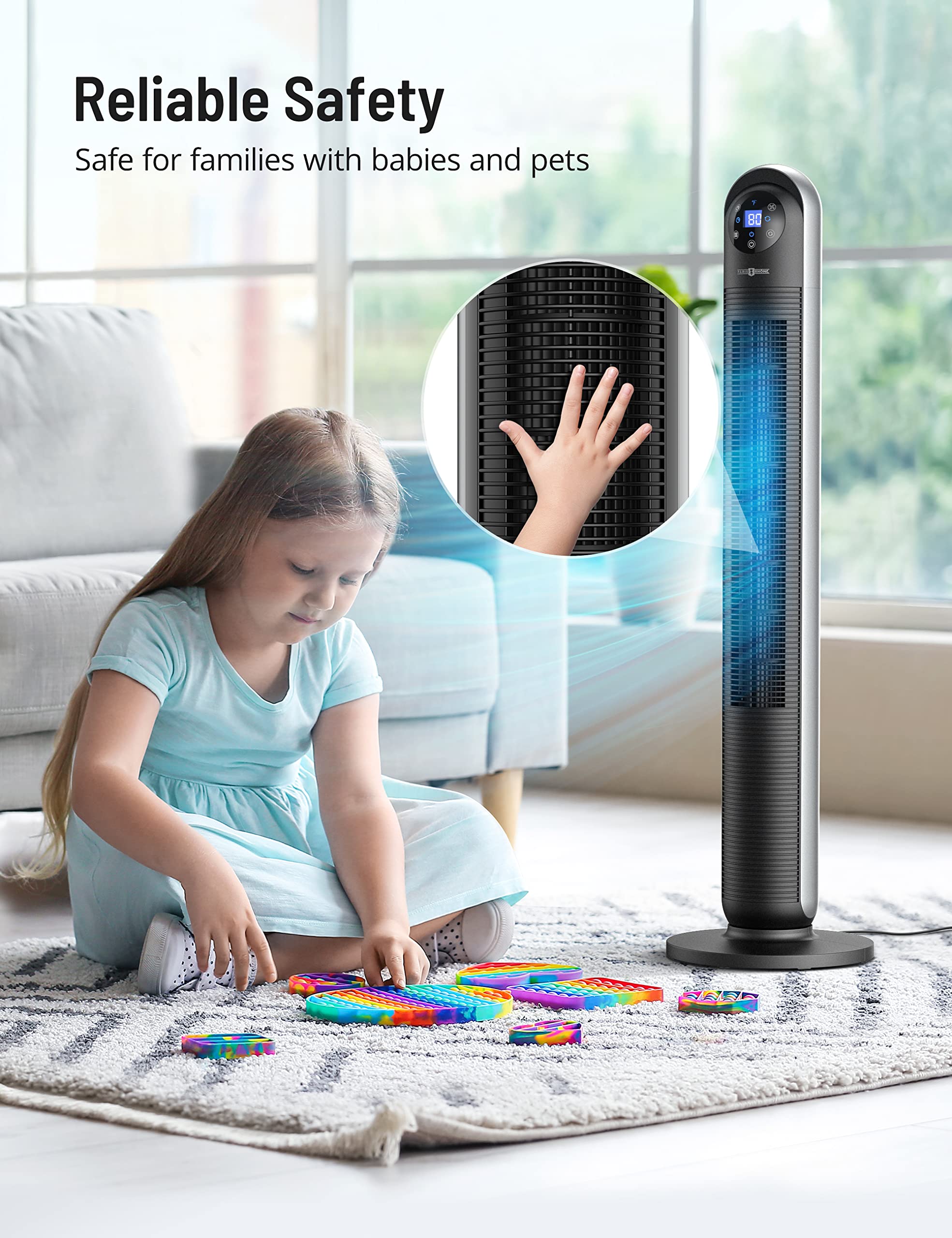 Tower Fan, Paris Rhône Oscillating Tower Fan with 12 Speeds, 24H Timer, 3 Modes, LED Display, Remote Control, Quiet Operation, Portable Bladeless Fan for Bedroom, Living Room, Home Office