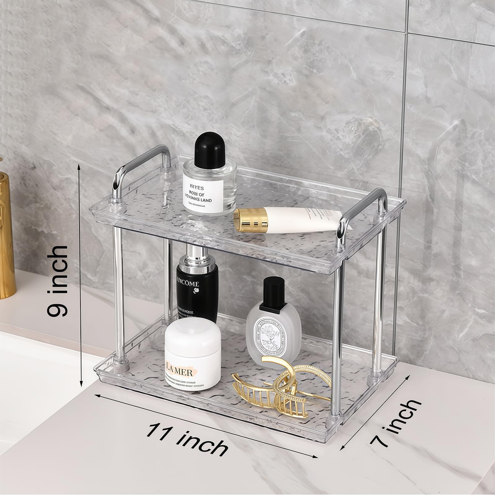 DEYIZY 2-Tier Bathroom Counter Organizer - Vanity Shelf for Cosmetics & Toiletries. Easy Assembly, Ideal for Sink Area, Countertops, & Under Sink Storage (Transparent)