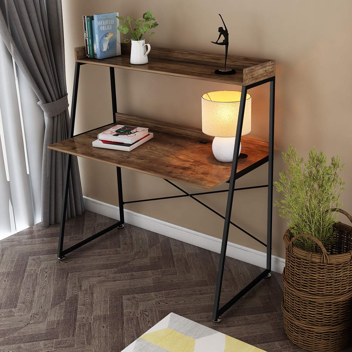 BOLDSTUFF Industrial Desk with Bookshelves, 48 inches Computer Desk with Small Hutch, Home Office Desk with Space Saving Design for Small Spaces (Archaize Brown)…
