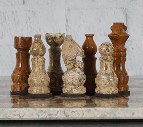 RADICALn 15 Inches Fossil Coral and Dark Brown Weighted Handmade Marble Most Popular Chess Board Games Set - Classic Style Staunton Home Decor Chess Set