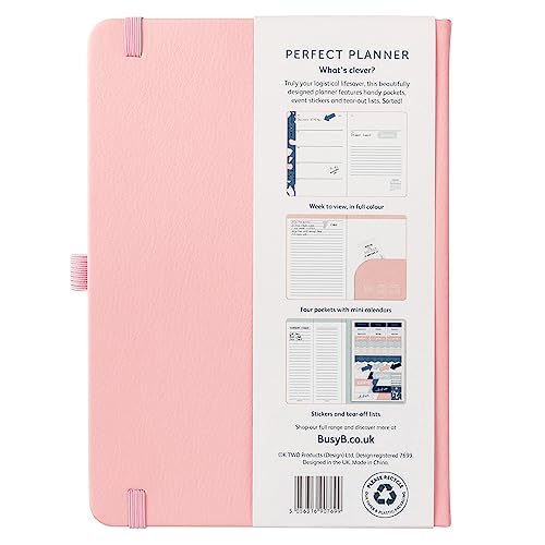 Busy B Perfect Planner Diary January to December 2024 - A5 Pink - Faux Leather Week to View Planner with Stickers & Tear-Out Lists