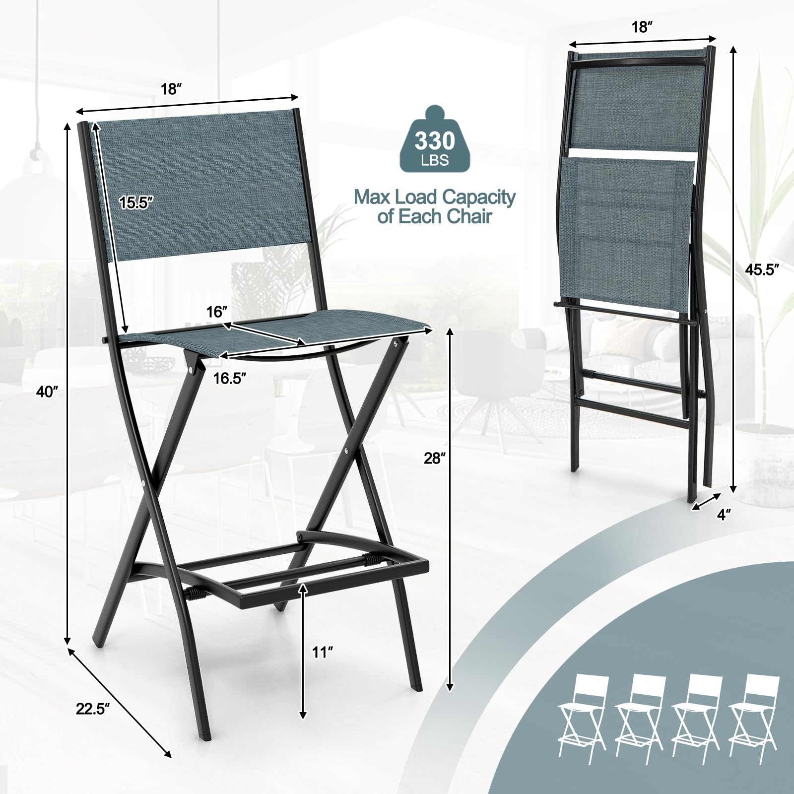 Giantex Folding Patio Bar Chairs Set of 4, Outdoor Counter Height Bar Stools with Footrest & Back, All-Weather Textilene, Metal Frame, for Porch Deck Lawn Garden, Light Blue