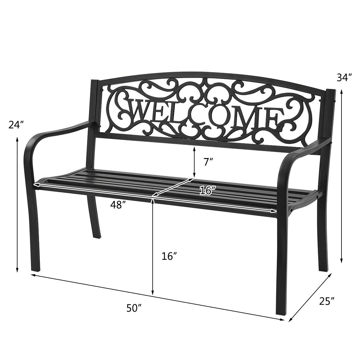 Giantex Garden Bench, Antique Metal Outside Bench w/Warm Welcome Pattern, Elegant Bronze Finish and Durable Iron Frame for Park Yard Porch Chair (Black)