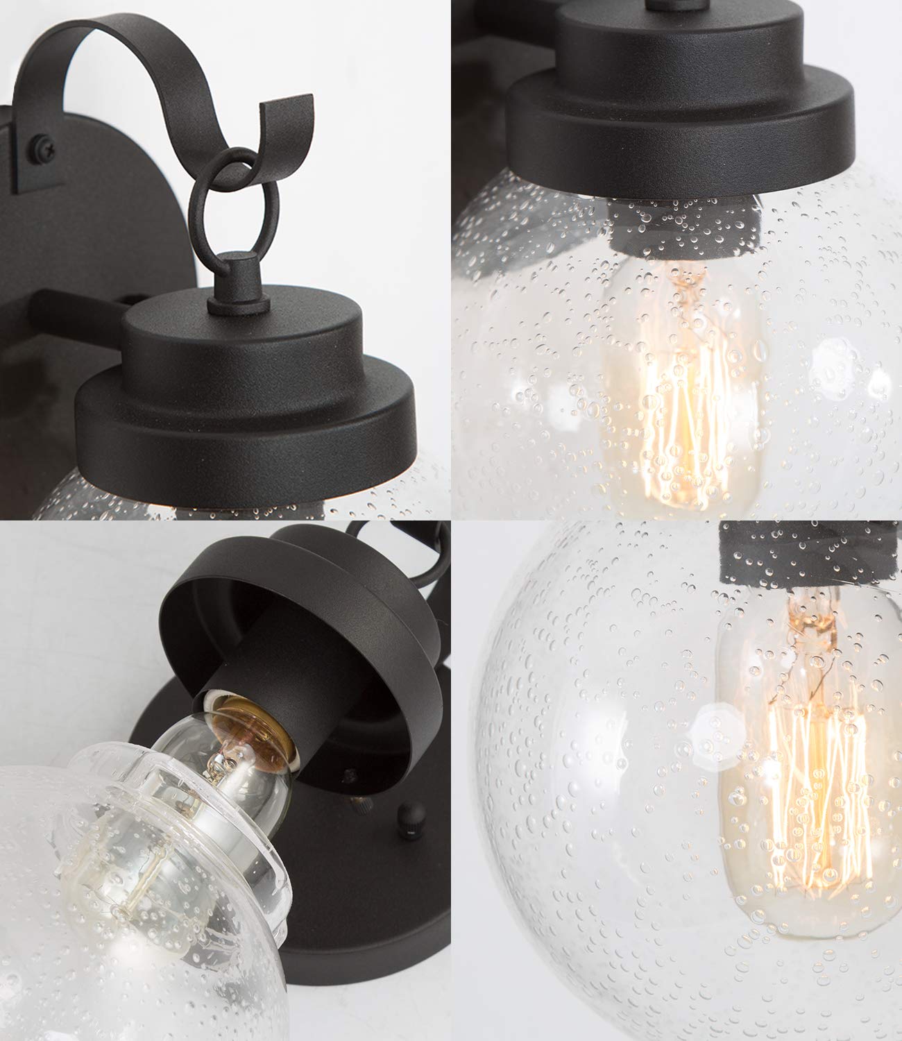 LALUZ Sphere Porch Light, Outside Lights for House with Seeded Glass Globe, Weather-Proof Outdoor Light Fixtures Wall Mount for Front Door, Garage, Yard, Patio, Textured Black Finish, 2 Pack