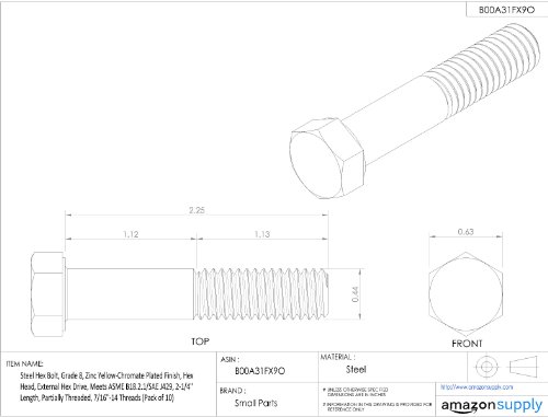Steel Hex Bolt, Grade 8, Zinc Yellow-Chromate Plated Finish, Hex Head, External Hex Drive, Meets ASME B18.2.1/SAE J429, 2-1/4" Length, Partially Threaded, 7/16"-14 Threads (Pack of 10)