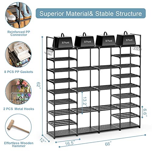 Huolewa Large Shoe Rack Organizer Storage, 4 Row 9 Tier for Bedroom Closet Entryway, Free Standing Tall Metal Shelf Stand, Sturdy Big Black Garage Shoe Holder for 64-72 Pair