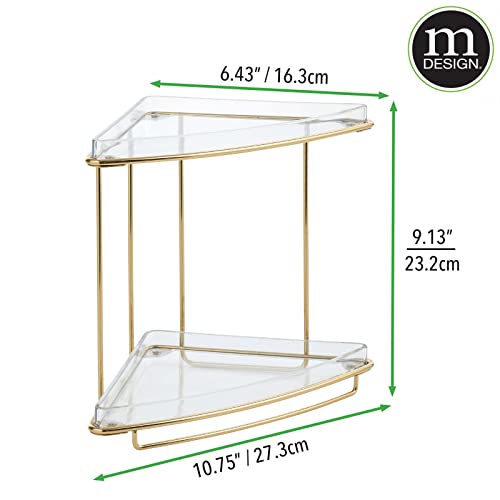 mDesign Steel/Plastic Freestanding Countertop Corner Shelf Organizer with 2-Tier Storage for Bathroom, Vanity, Cabinet, Counter - Holds Makeup, Bath Gel - Prism Collection - 2 Pack - Clear/Soft Brass