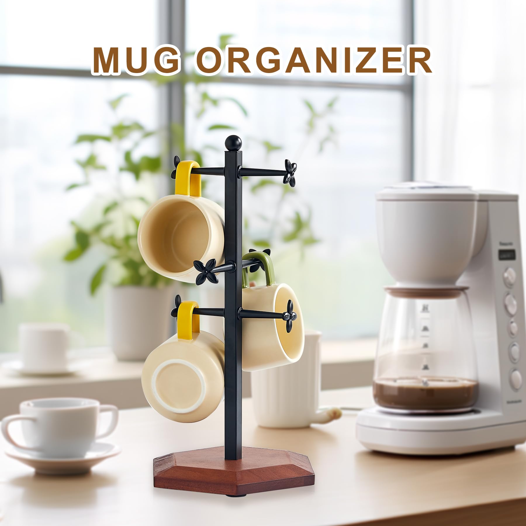 Coffee Mug Holder, Wooden Base Mug Tree for Counter, Unbreakable Metal Coffee Cup Holder with 6 Hooks, Non-Slip Coffee Mug Rack for Home Storage and Organizer, Coffee Mug Rack (Black)