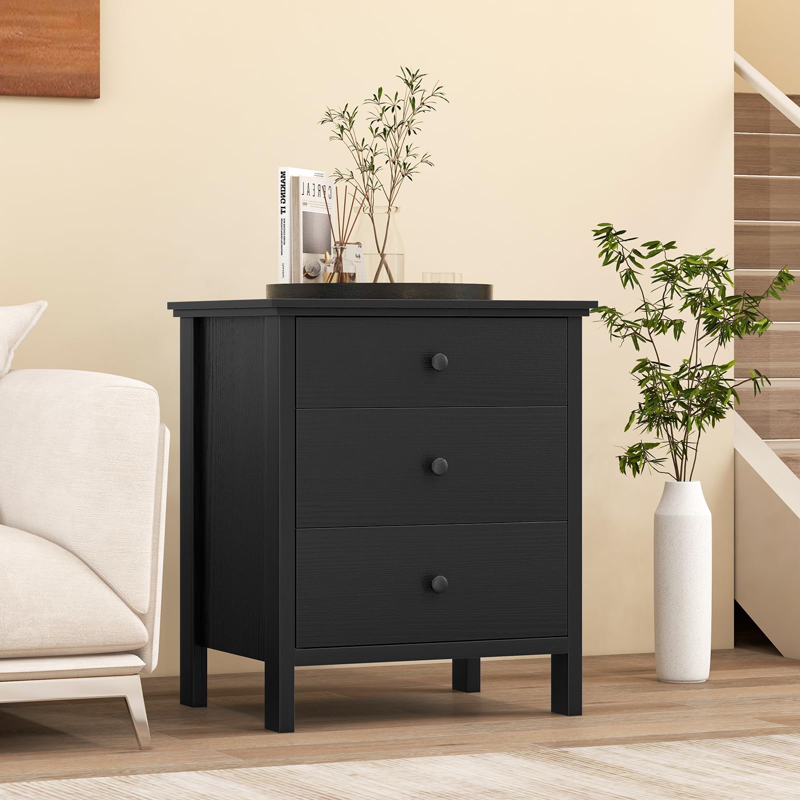 Giantex Nightstand with 3 Drawers Set of 2, Wooden Side End Table with Solid Wood Legs, Retro 3-Drawer Bedside Table Night Stand for Bedroom Home Office Small Space, Easy Assembly, White