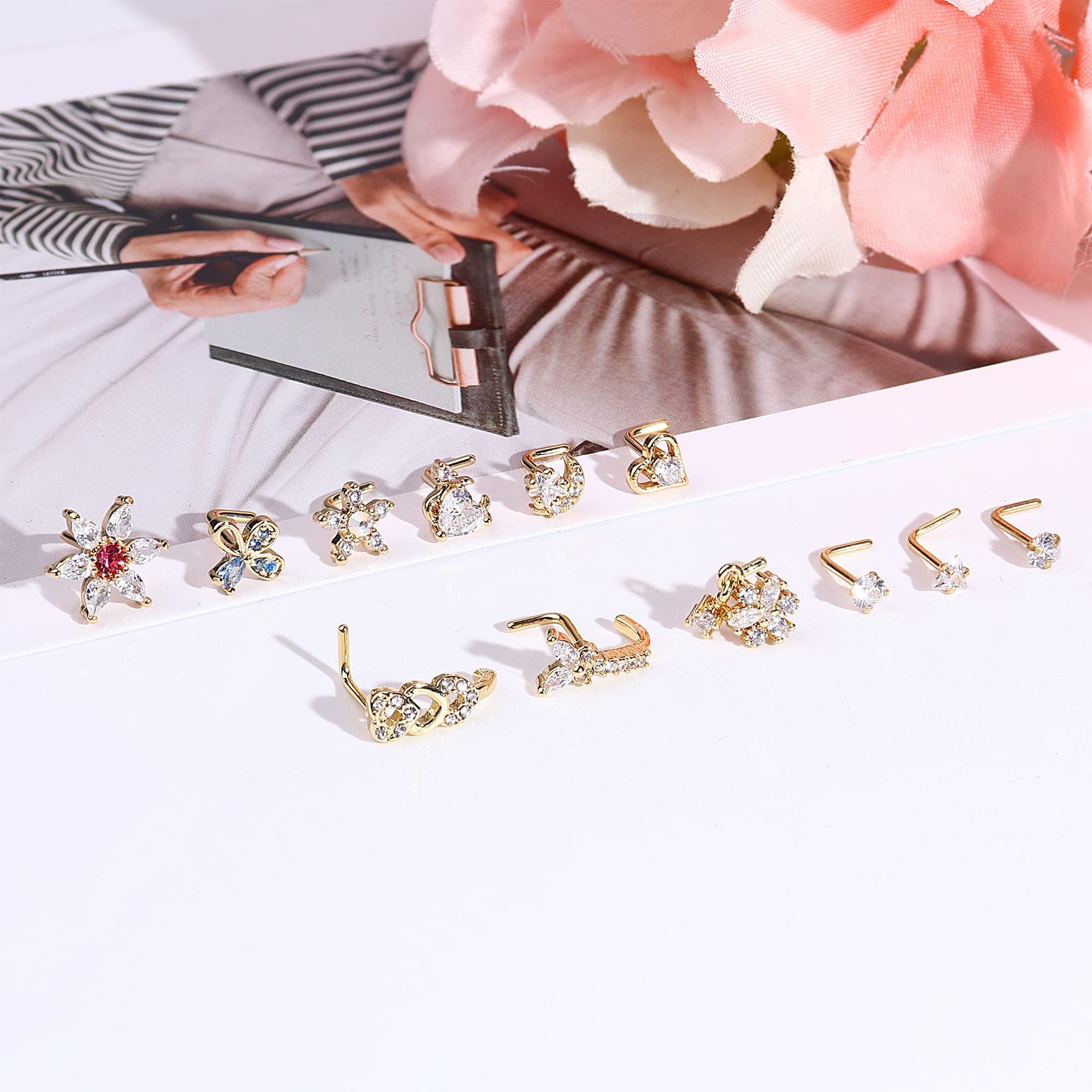 Besteel 12Pcs Nose Ring Studs Piercings Rings CZ Hypoallergenic L Heart Shape Stainless Steel Nose Ring Piercing Jewelry 20G Nose Studs for Women