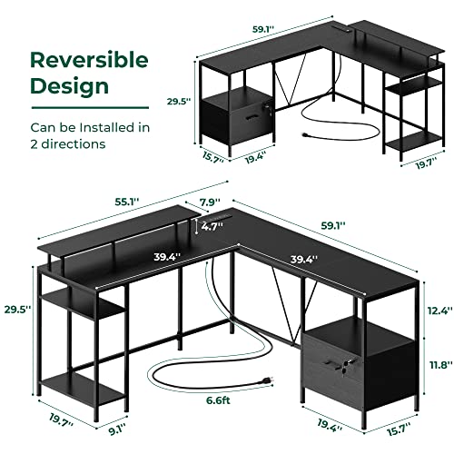 Huuger L Shaped Desk with Power Outlets & LED Lights, Reversible Computer Desk with Storage Shelves & File Cabinet, Corner Desk Home Office Desk, Black