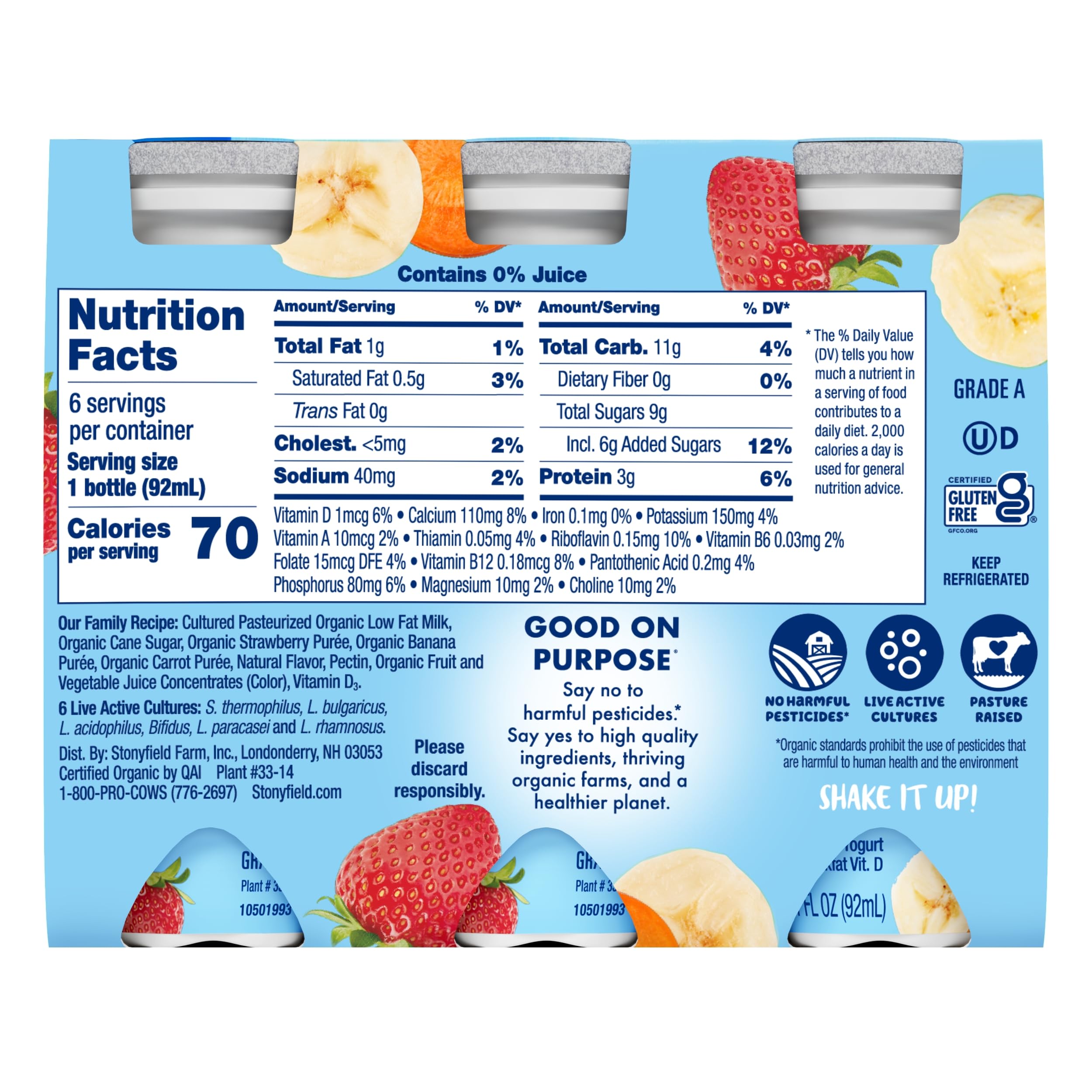 Stonyfield Organic Lowfat Yogurt Smoothies, Strawberry Banana, 3.1 oz., 6 Ct