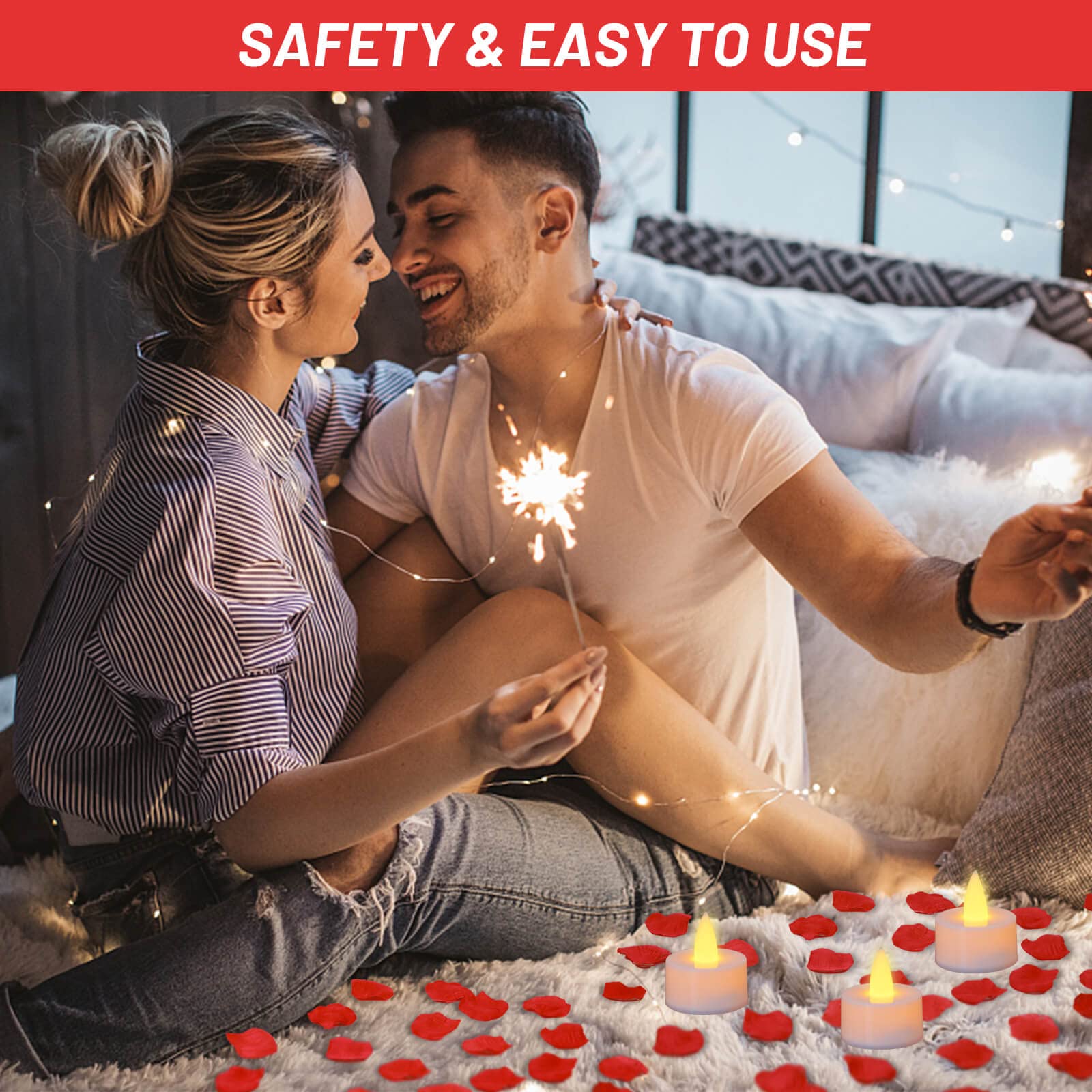 cridoz Romantic Decorations Special Night Set, 24 Pieces LED Tea Lights Candles and 2000 Pieces Artificial Rose Petals for Romantic Night, Valentine's Day, Wedding Anniversary or Table Décor