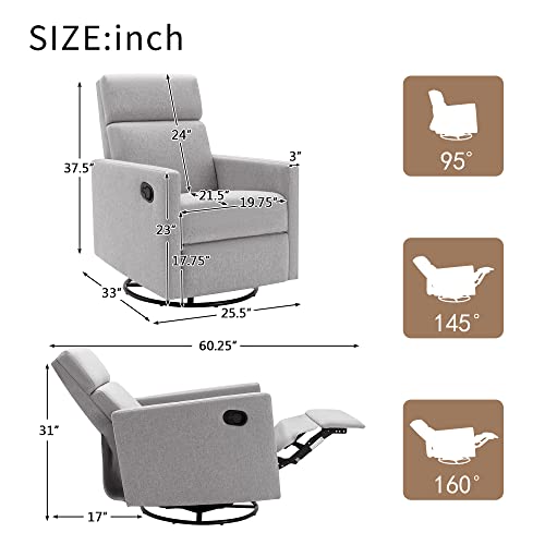 P PURLOVE Modern Upholstered Rocker Chair with Adjustable Backrest and Retractable Footrest, 360° Glider Swivel Recliner Chair, Glider Chair Easy to Assemble and Clean, Gray