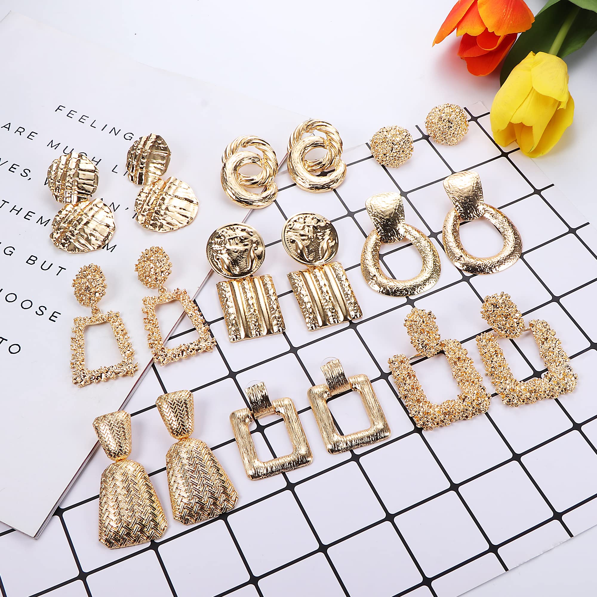BESTEEL 9 Pairs Gold Statement Drop Earrings for Women Geometric Dangle Earrings Large Metal Rectangle Earrings Set