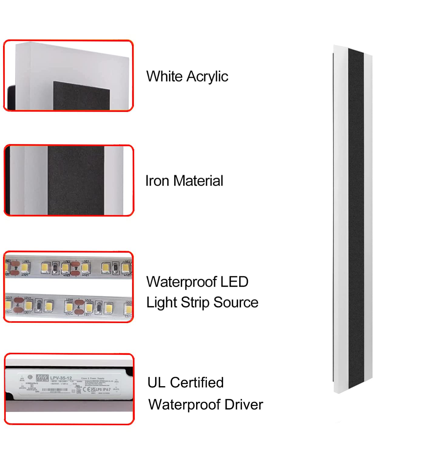 Outdoor Long Strip Modern LED Wall Lighting Fixture Lamps, Elegant Frosted White Acrylic, Black Aluminum Body IP65 Waterproof Anti Rust (Cold White, 60inch)