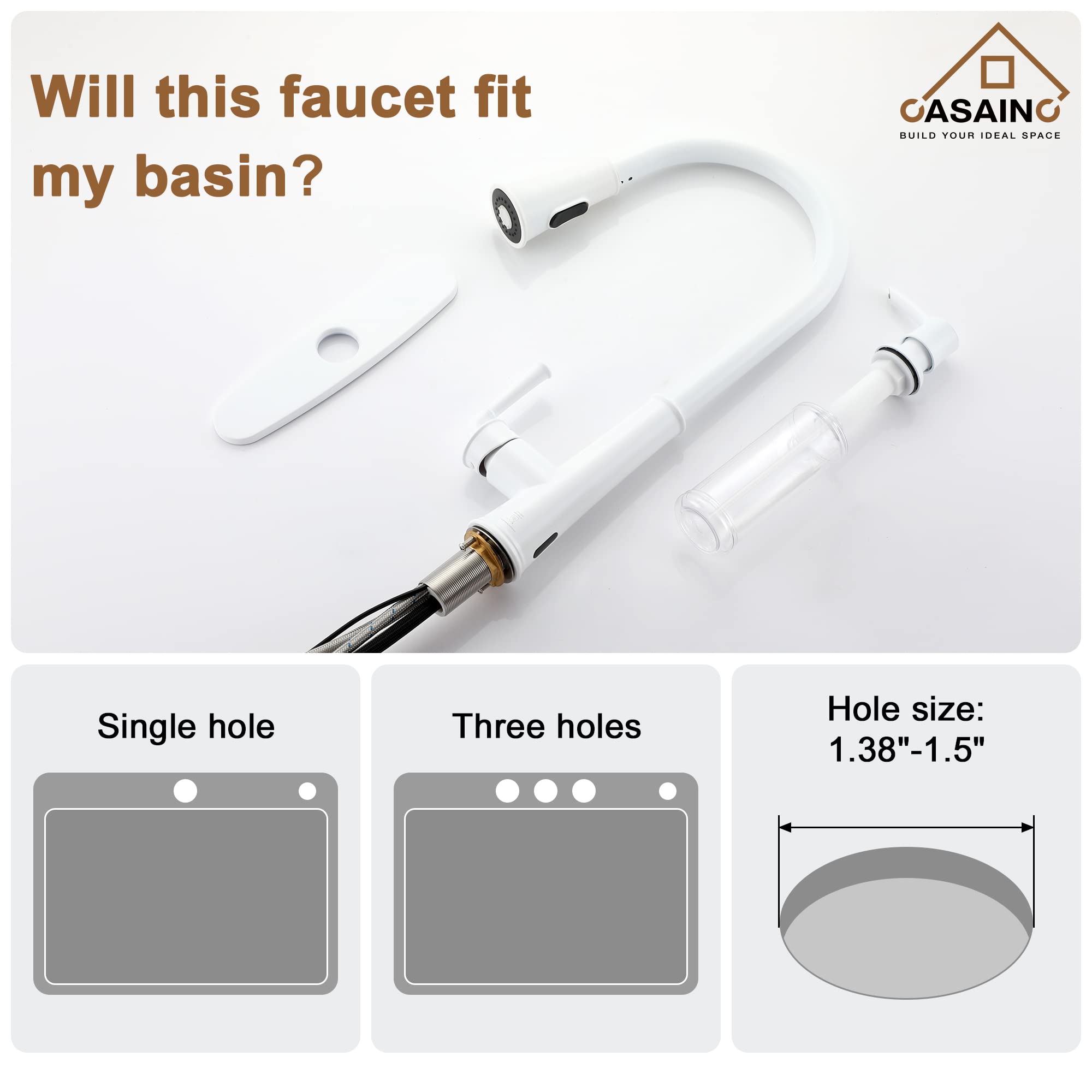 CASAINC Kitchen Faucet with Pull Down Sprayer Matte White with LED Function, 17.31in H Touchless 1.8 gpm Single Handle Kitchen Sink Faucet, Lead-Free Copper for Bar Laundry Kitchen Sink