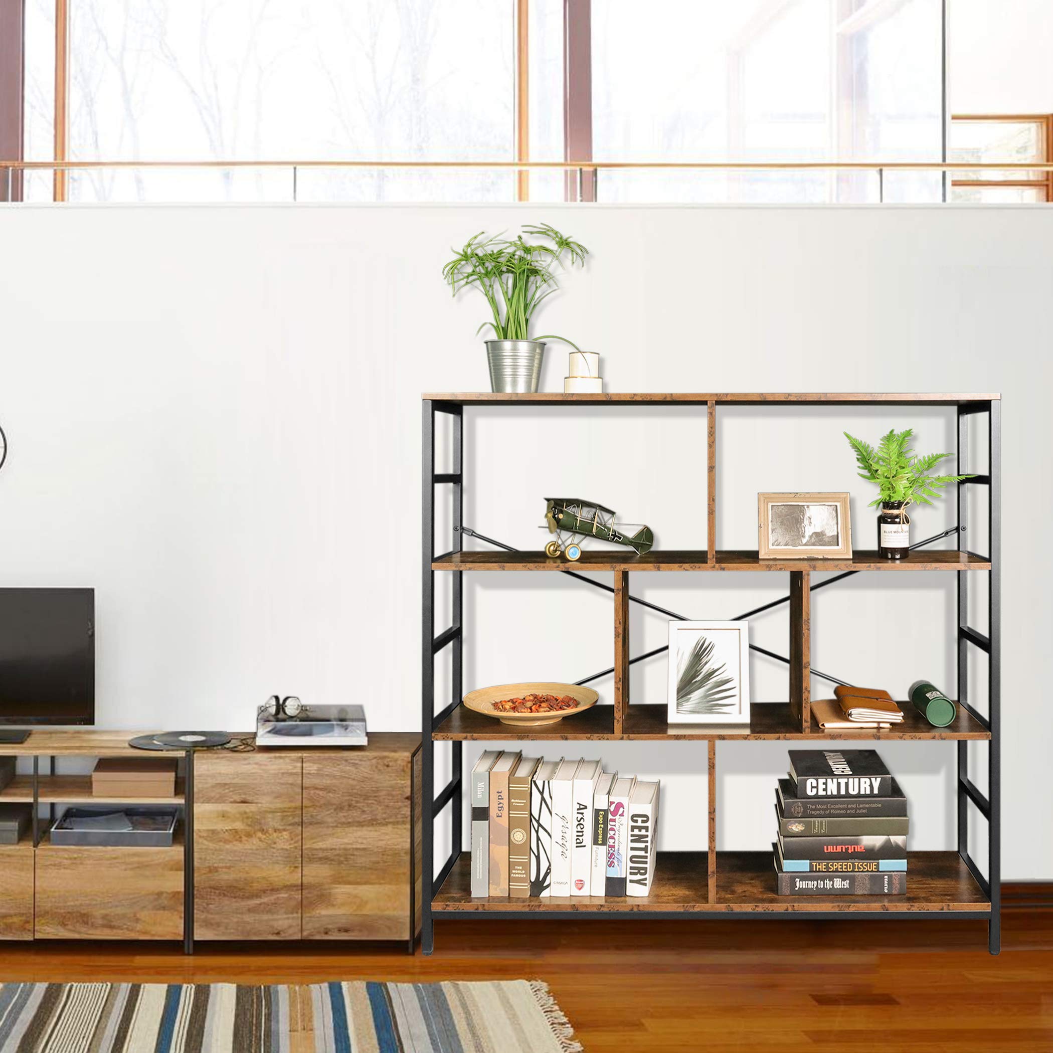 LAVIEVERT 3-Tier Square Bookcase, Standing Bookshelf Display Cabinet with 7 Open Storage Shelves Decor Furniture for Living Room, Bedroom, Home Office - Rustic Brown